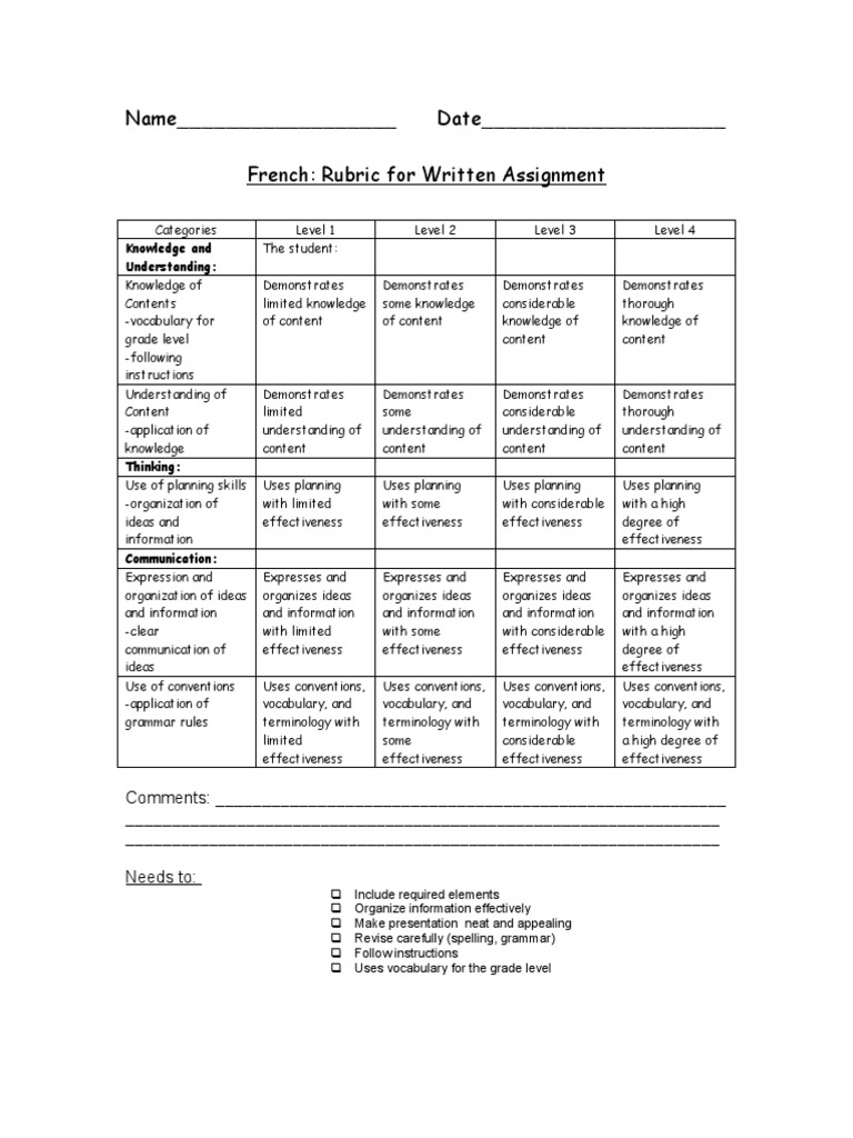 Name - Date - French: Rubric For Written Assignment | PDF | Vocabulary ...