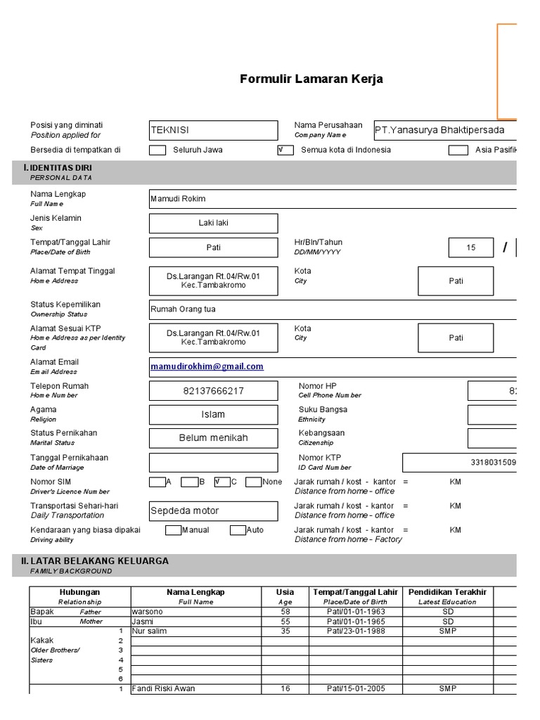 Formulir Lamaran Kerja PT. Yanasurya Bhaktipersada - Mahmudi Rokim | PDF