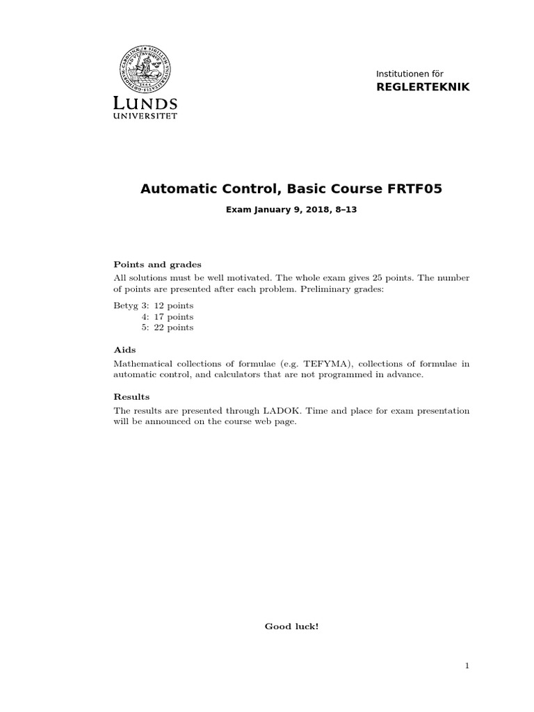 Automatic Control, Basic Course FRTF05: Reglerteknik | PDF | Control ...