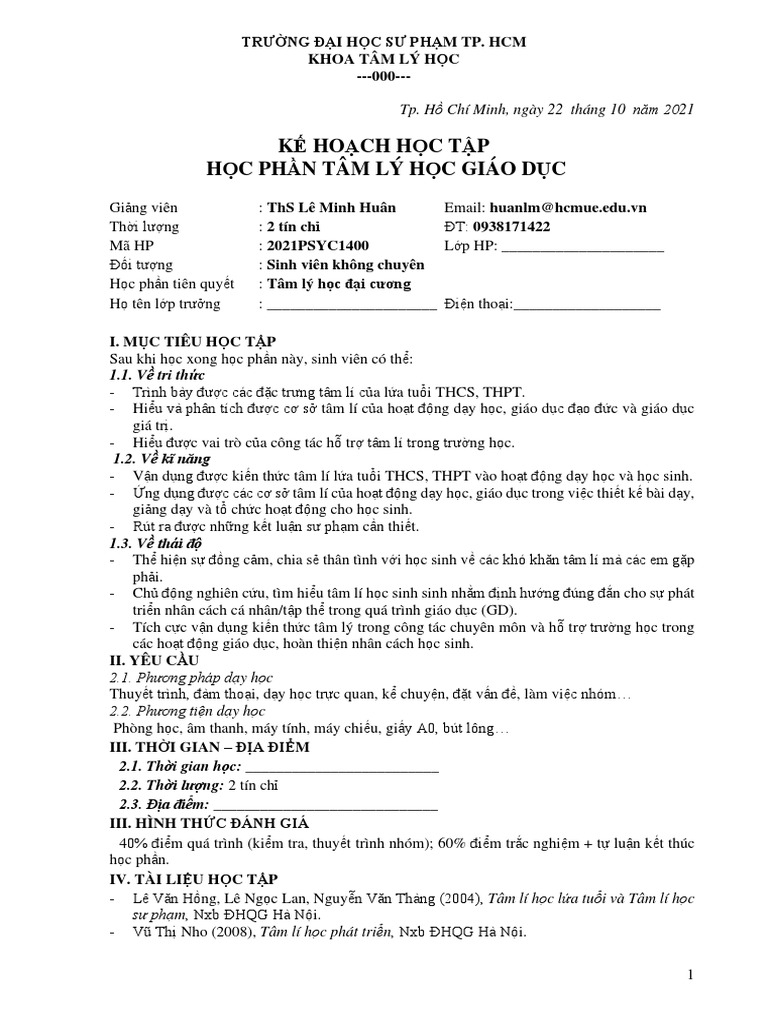 1.ke Hoach Hoc Tap Mon TLHGD HK2 - 2021 - HC | PDF