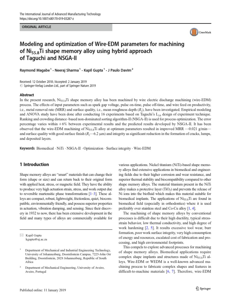 Modeling and Optimization of Wire-EDM Parameters For Machining of Ni Ti Shape Memory Alloy Using ...