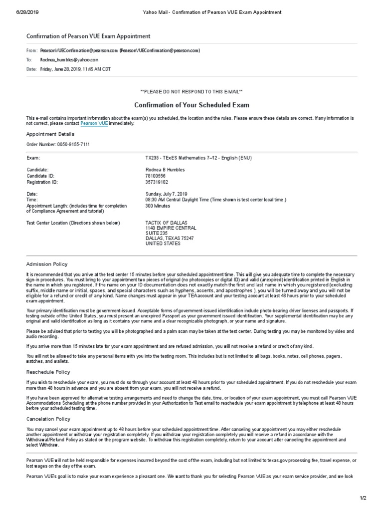 Confirmation of Your Scheduled Exam | Download Free PDF | Identity ...