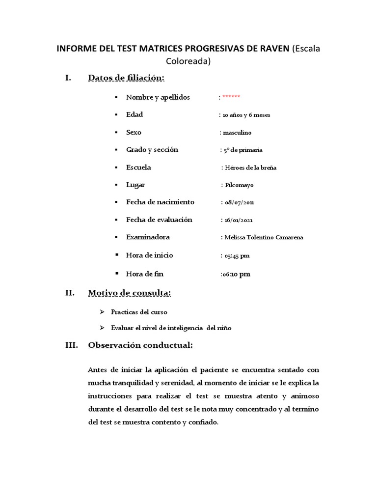 Informe Del Test Matrices Progresivas de Raven Niños | PDF ...