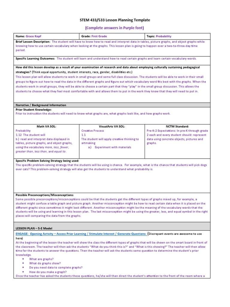 Lesson Plan 1 Completed After Graded | PDF | Lesson Plan | Learning ...
