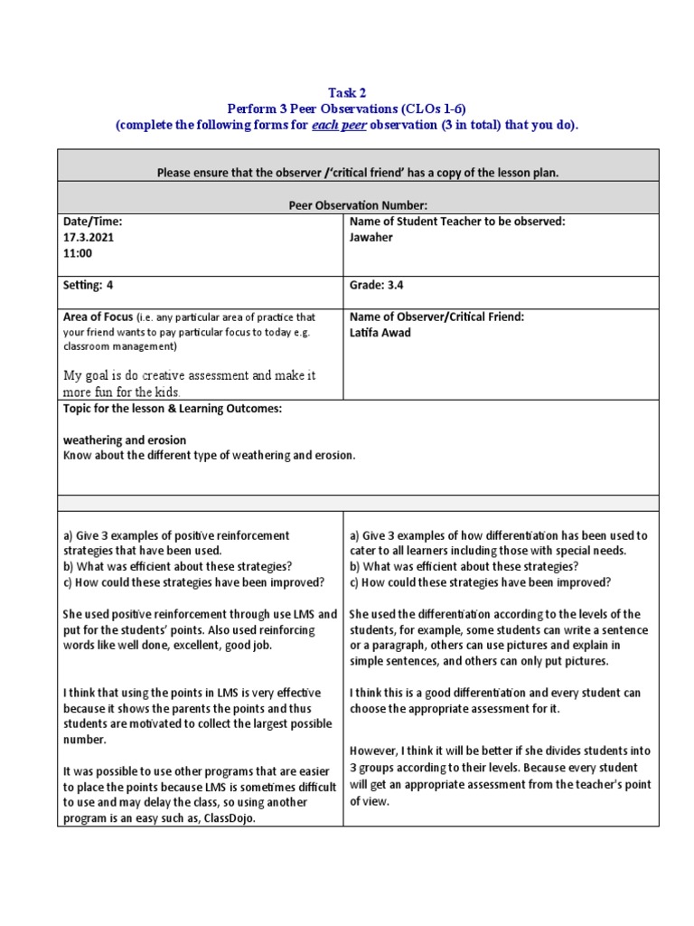 Task 2 Perform 3 Peer Observations (Clos 1-6) (Complete The Following ...