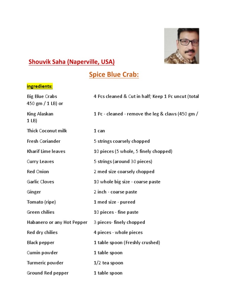 Spice Blue Crab:: Shouvik Saha (Naperville, USA) | PDF | Curry | Chili Pepper