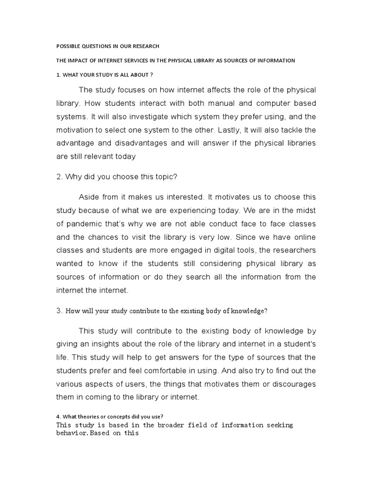 Possible Questions in Our Research | PDF | Libraries | Research Design