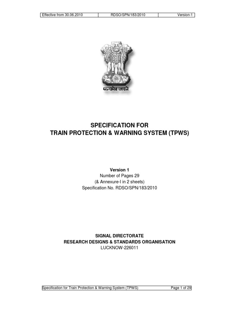 TPWS Specification Document RDSO/SPN/183/2010 | PDF | Power Supply ...