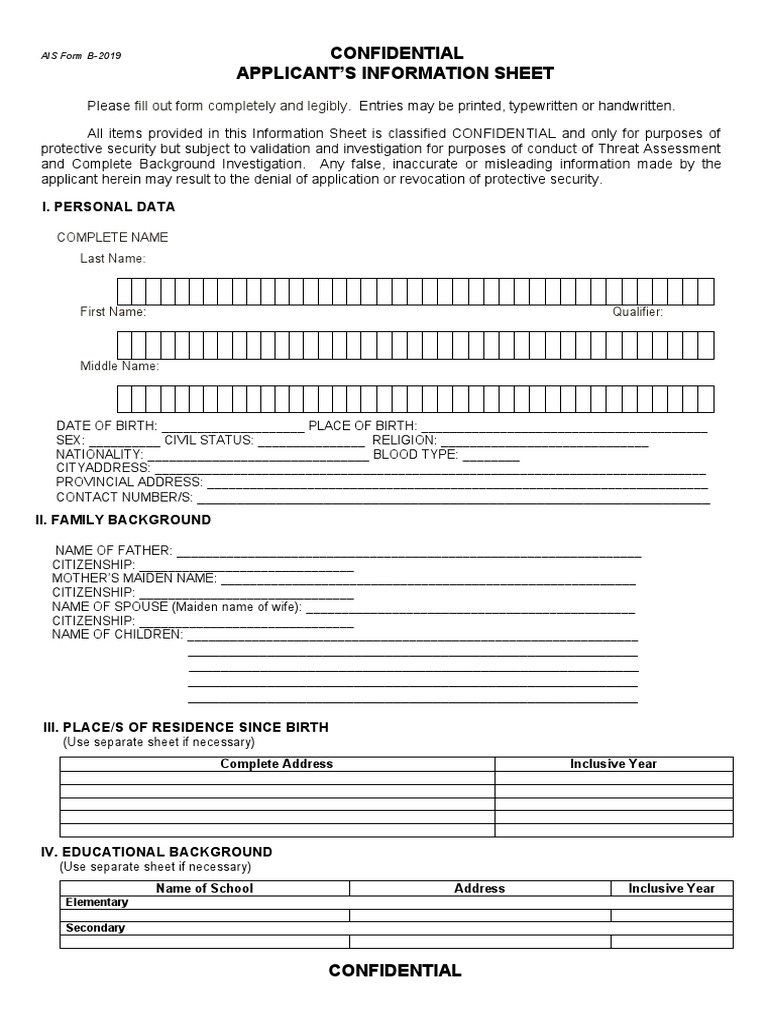 Applicant's Information Sheet Form B-2019 | PDF | Background Check ...