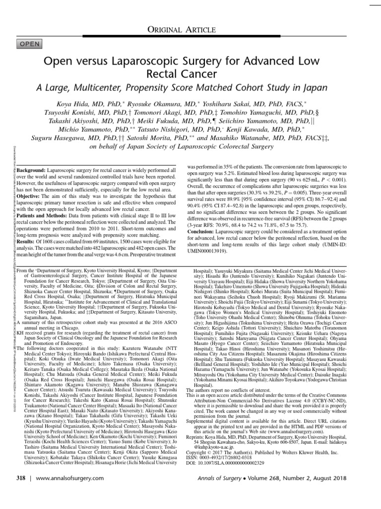 Open Versus Laparoscopic Surgery For Advanced Low.21 | PDF | Colorectal Cancer | Metastasis