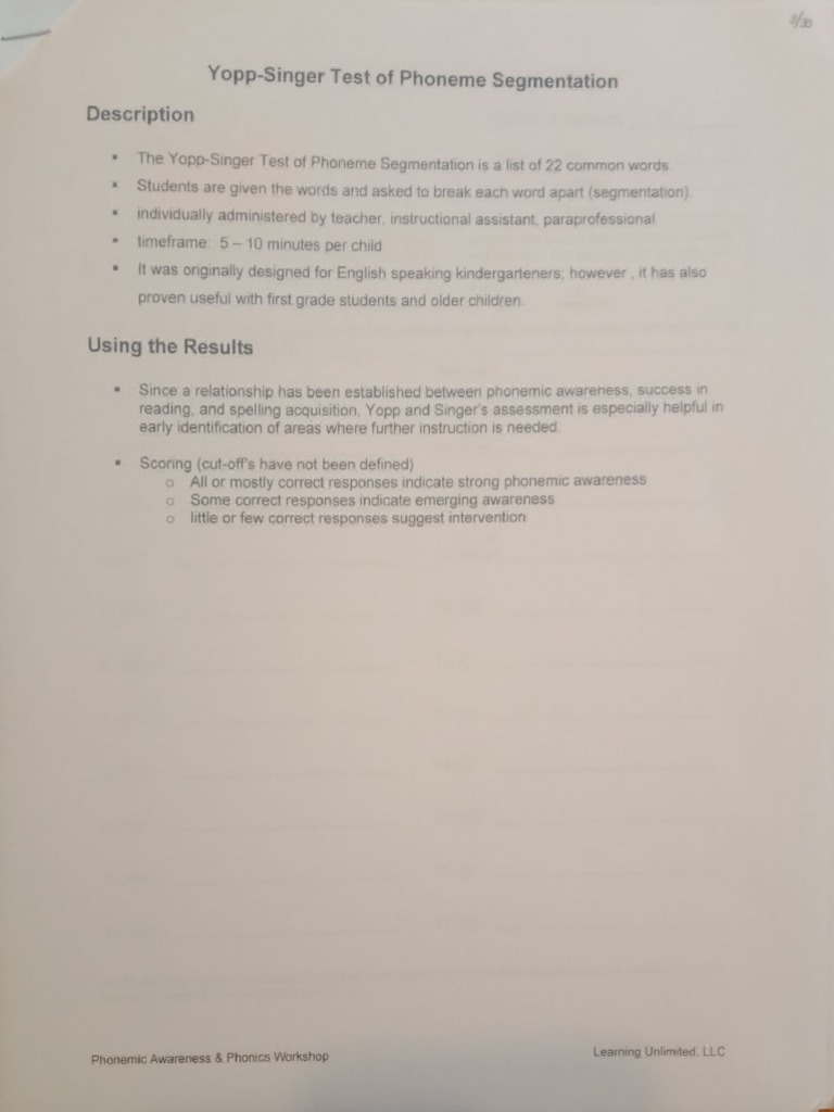 Yopp-Singer Phoneme Segmentation Test | PDF | Educational Psychology ...