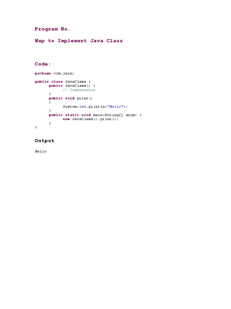 Program No. Wap To Implement Java Class: Output | PDF