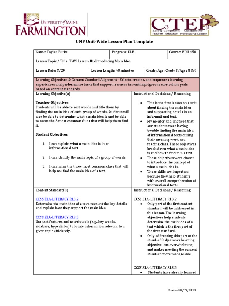 UMF Unit-Wide Lesson Plan Template: Teacher Objectives | PDF | Reading ...