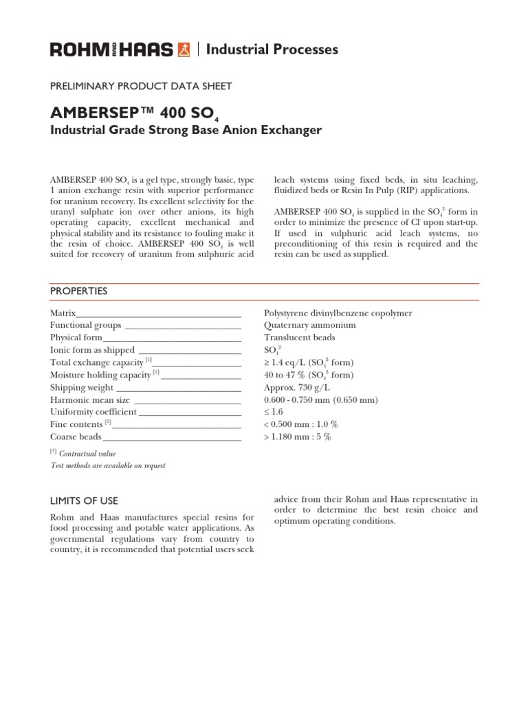 Ambersep 400 SO4 | PDF | Ion Exchange | Nitric Acid