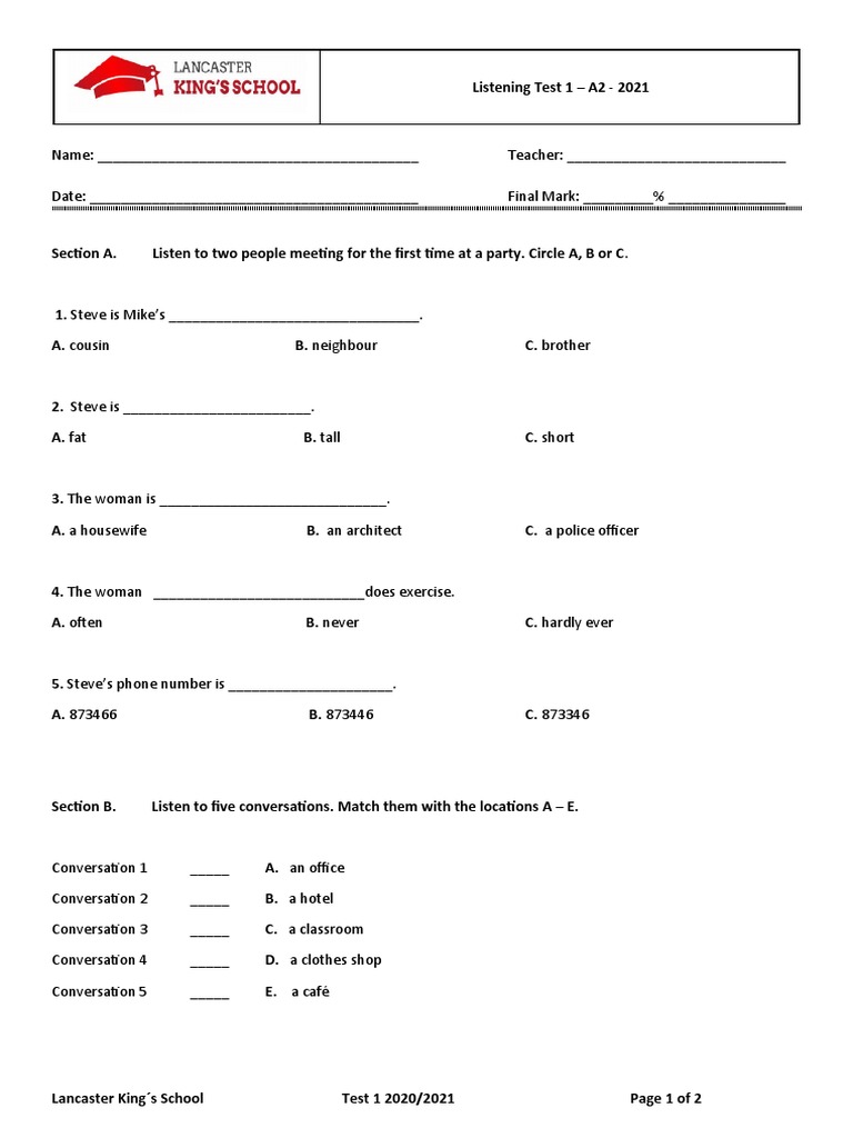 A2 Listening Test 1 | PDF
