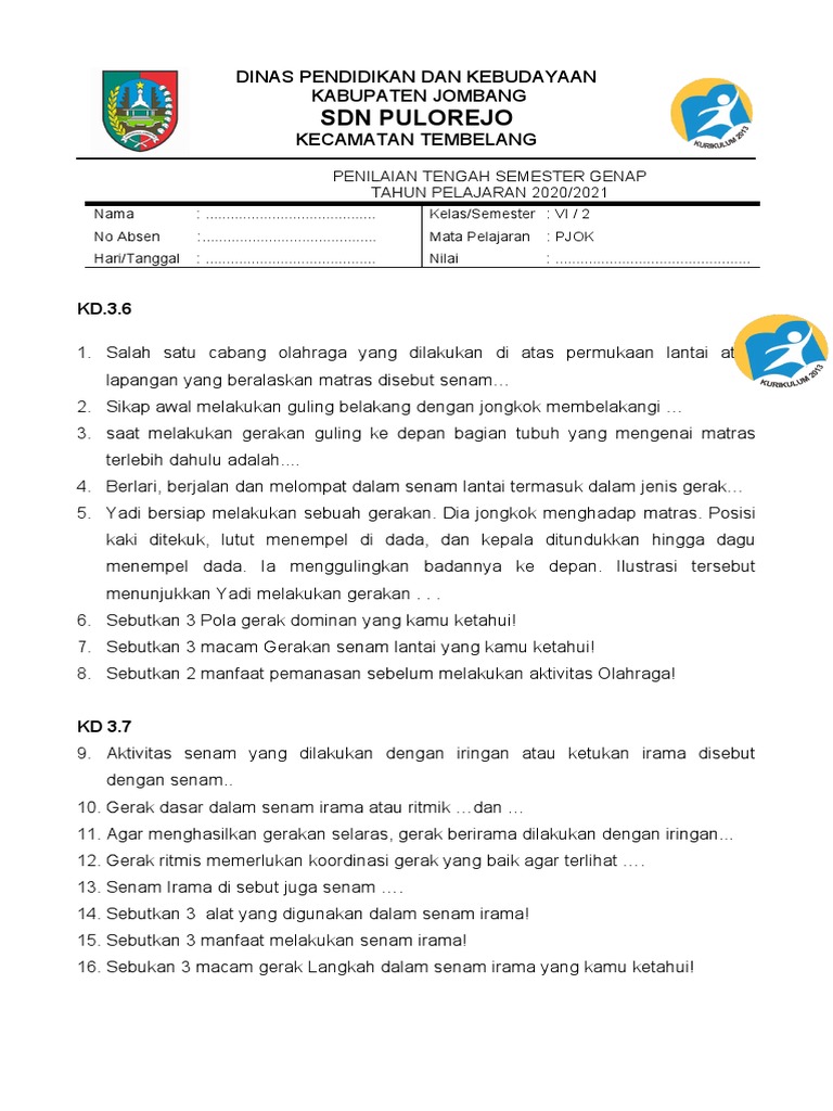 SOAL PTS PJOK Kls 6 | PDF