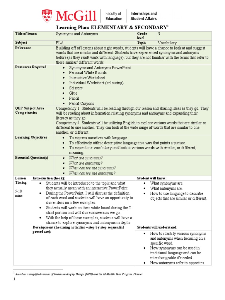 Synonyms and Antonyms Lesson Plan | PDF | Worksheet | Vocabulary