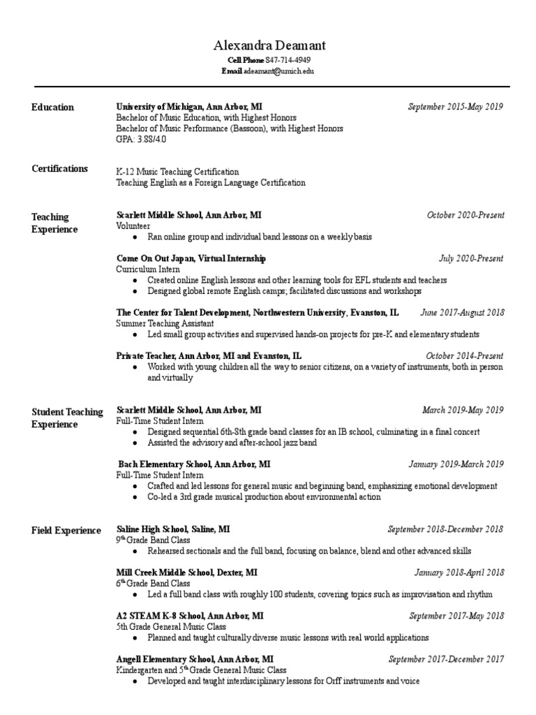 Alexandra Deamant Resume | PDF | University Of Michigan | English As A ...