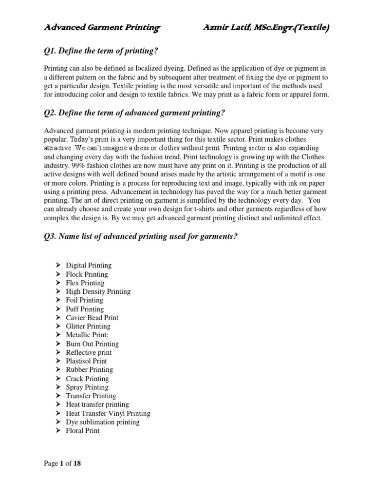 Advanced Garments Printing | PDF | Textiles | Printing