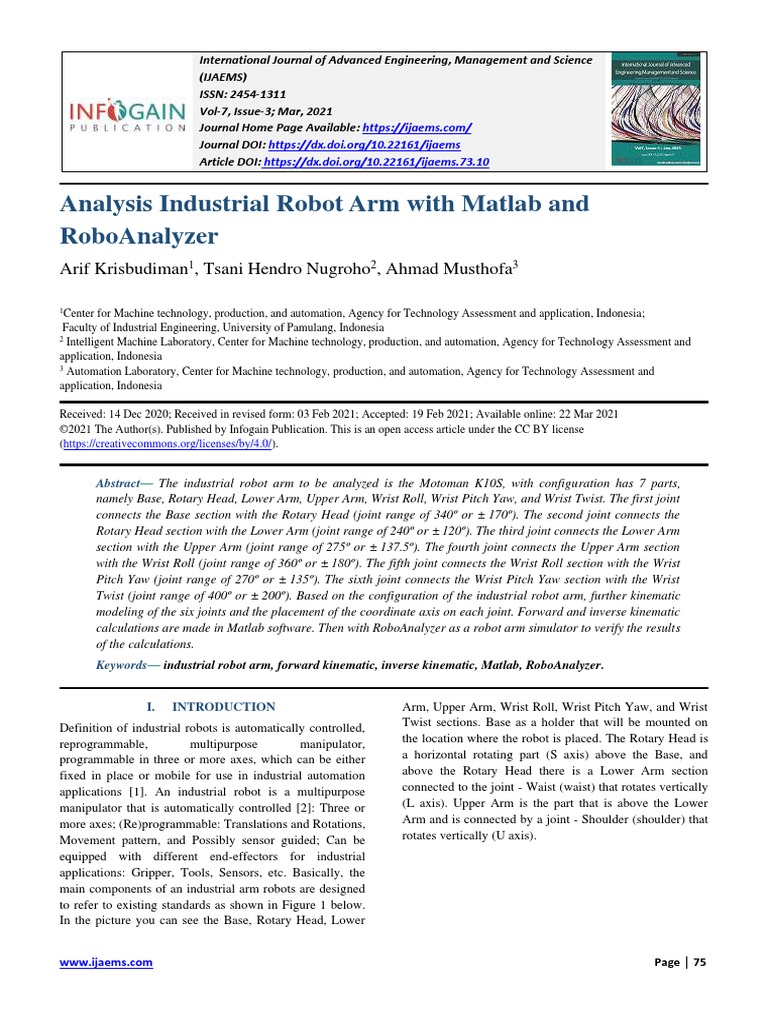 Analysis Industrial Robot Arm With Matlab and RoboAnalyzer | PDF ...
