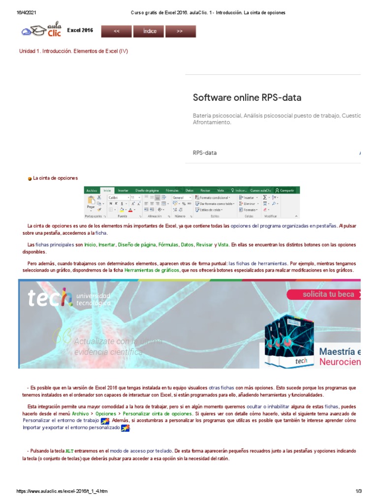 Curso Gratis de Excel 2016. Aulaclic. 1 - Introducción. La Cinta de ...
