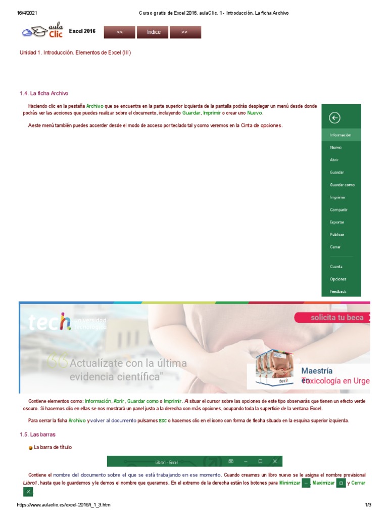 Curso Gratis de Excel 2016. Aulaclic. 1 - Introducción. La Ficha ...