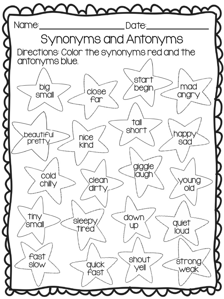 Name: Date: Directions: Color The Synonyms Red and The Antonyms Blue | PDF