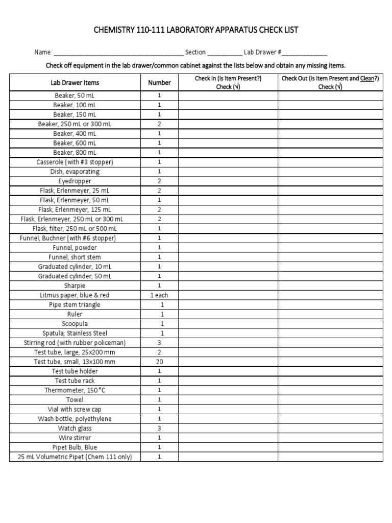 2020-2021 Lab Equipment Checklist | PDF | Laboratories | Tools