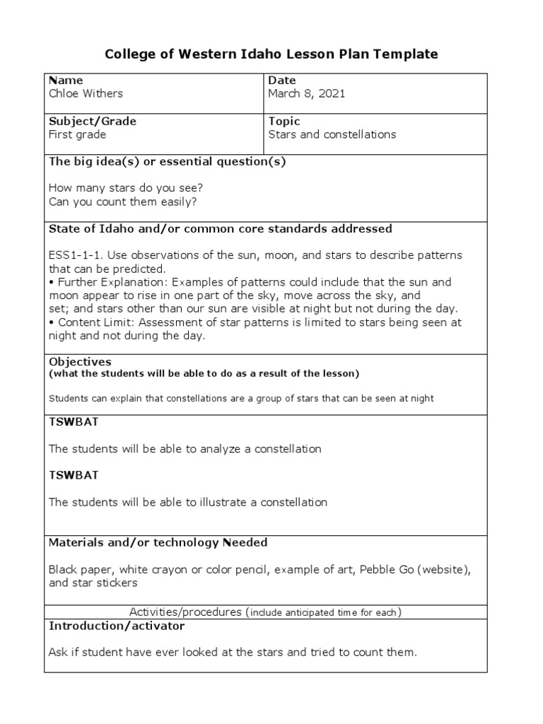 College of Western Idaho Lesson Plan Template: Name Date | PDF ...