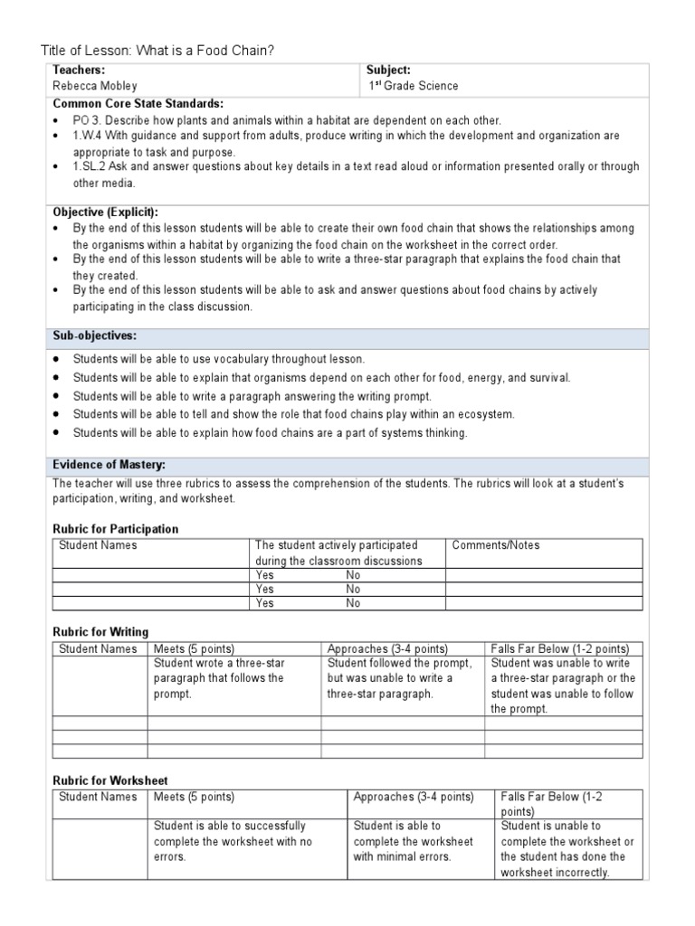 Food Chain Lesson Plan | PDF | Teachers | Reading Comprehension