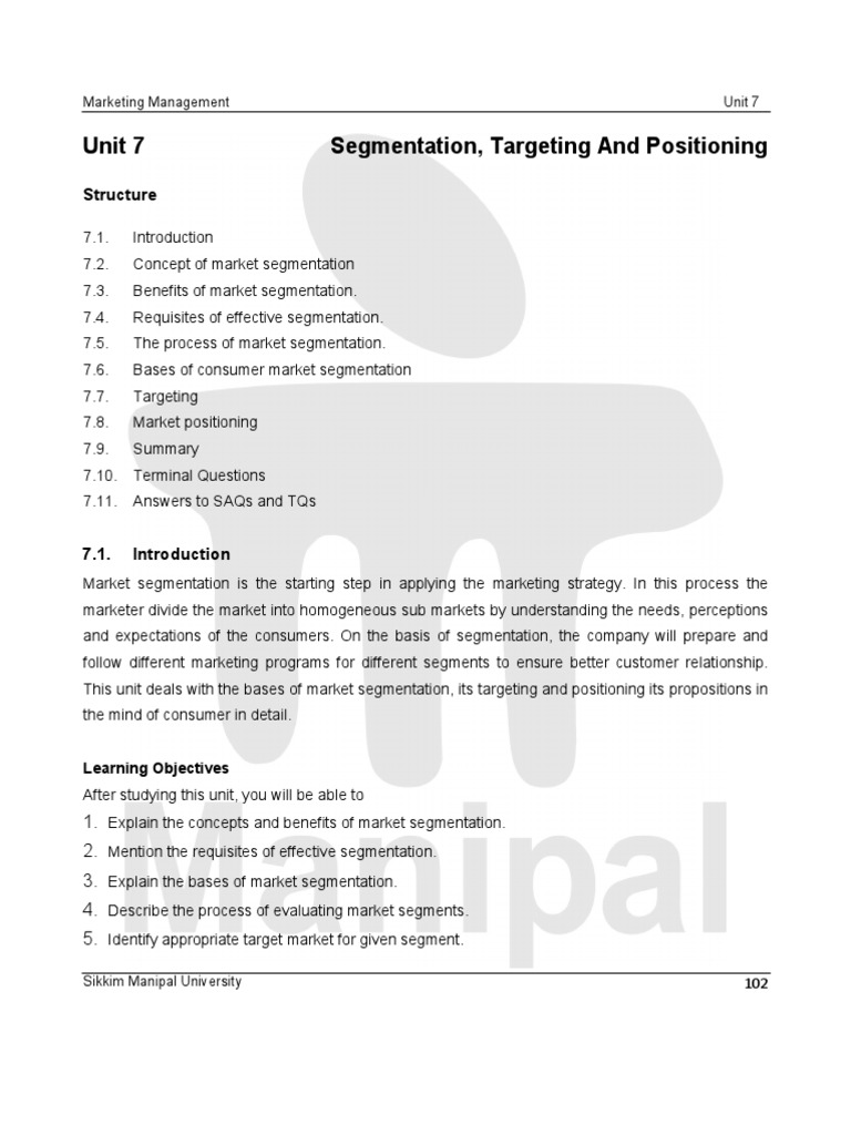 Unit 7 Segmentation, Targeting and Positioning: Structure | PDF ...