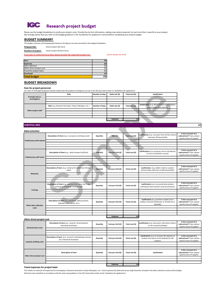 Igc Project Budget Template Sample Pdf Budget Science