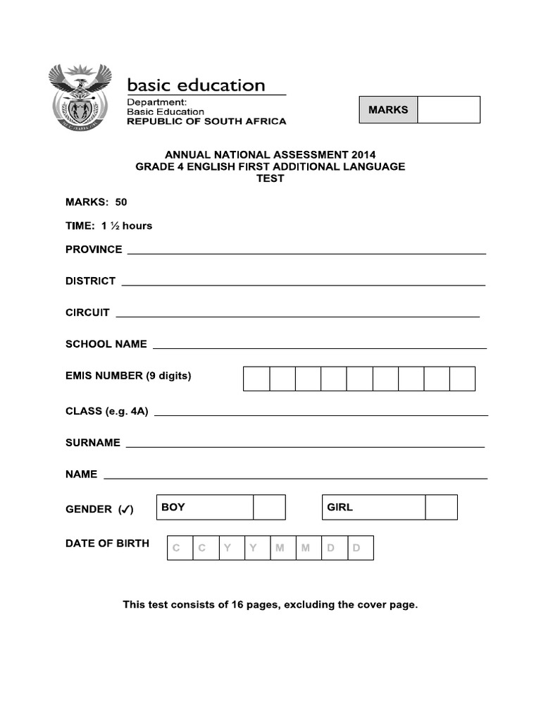 2014 ANA Grade 4 English FAL Test PDF