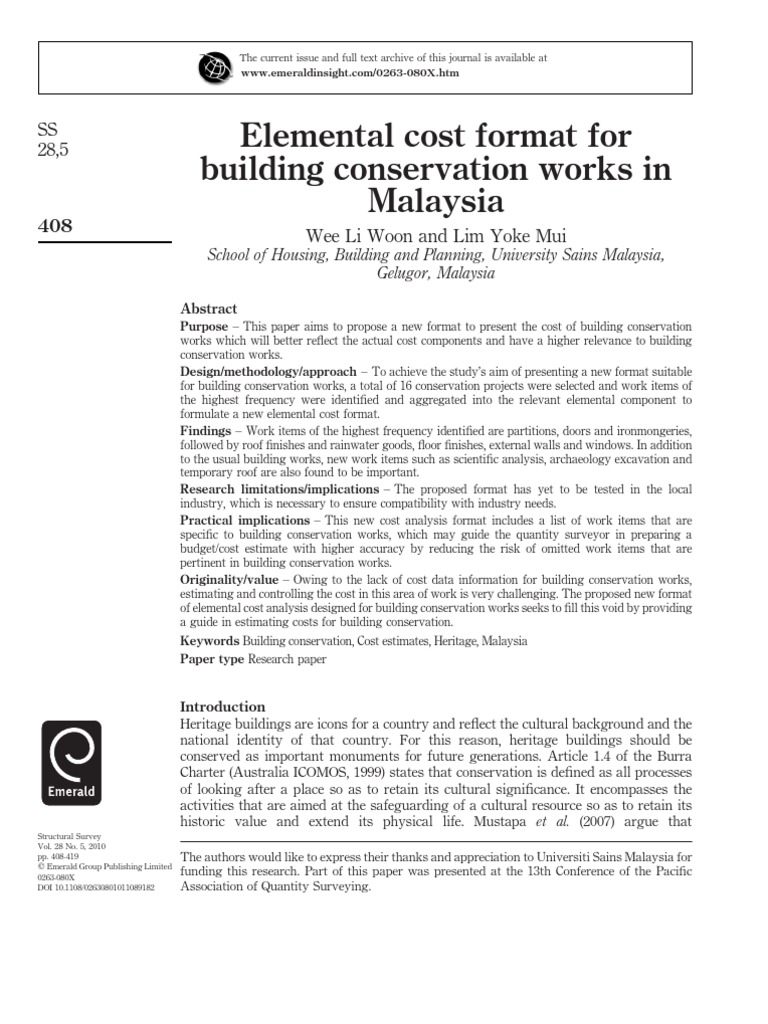 Building Conservation Costs in Malaysia | PDF | Wall | Building