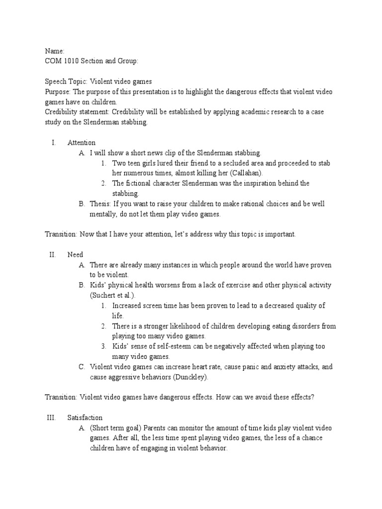 MMS Outline Sample (Full Sentence) | PDF | Video Games | Violence