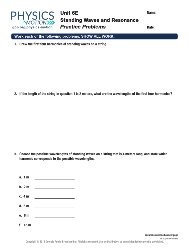Practice Problems: Unit 6E Standing Waves and Resonance | PDF ...