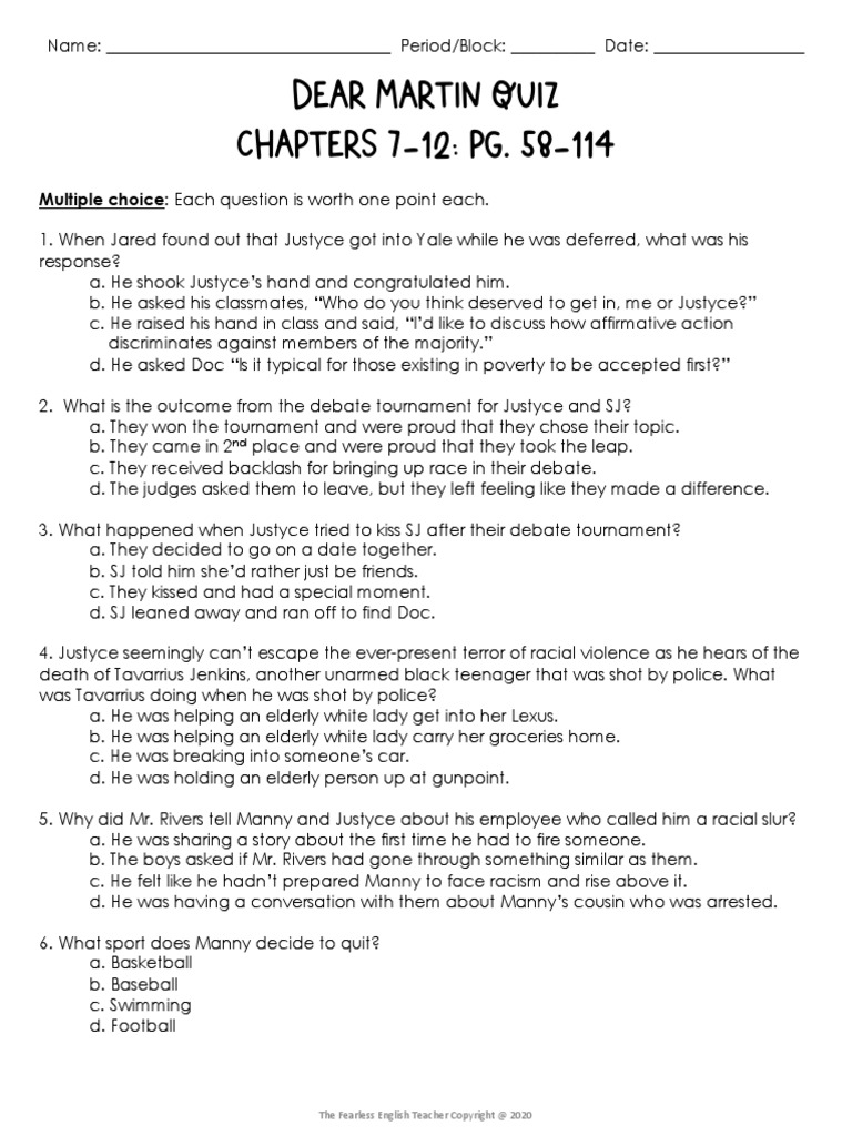 Dear Martin Quiz CHAPTERS 7-12: PG. 58-114: Multiple Choice: Each ...