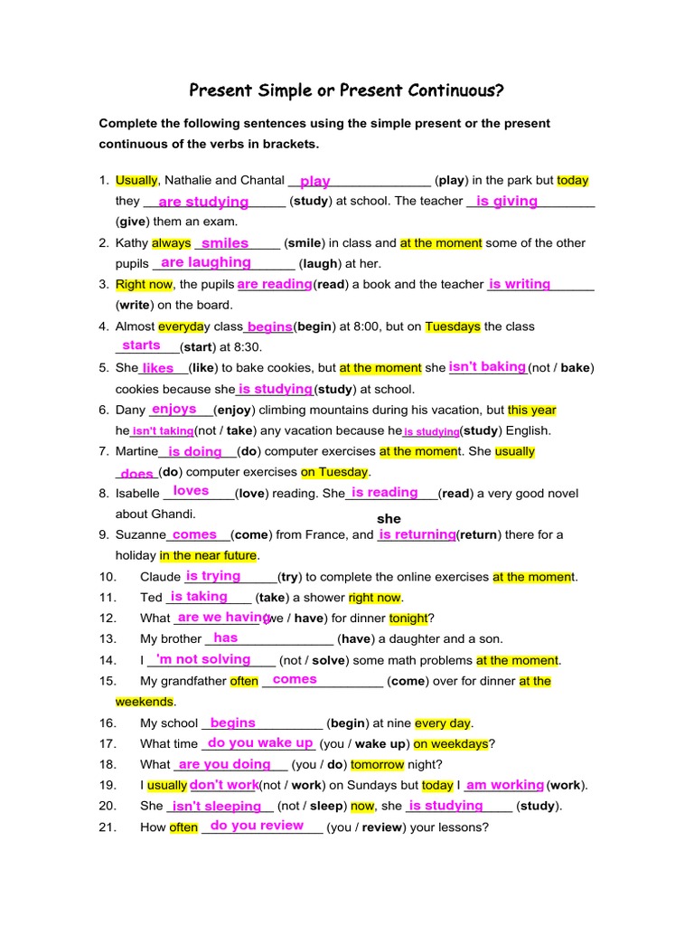 Exercises - Present Simple or Present Continuous - Correction | PDF