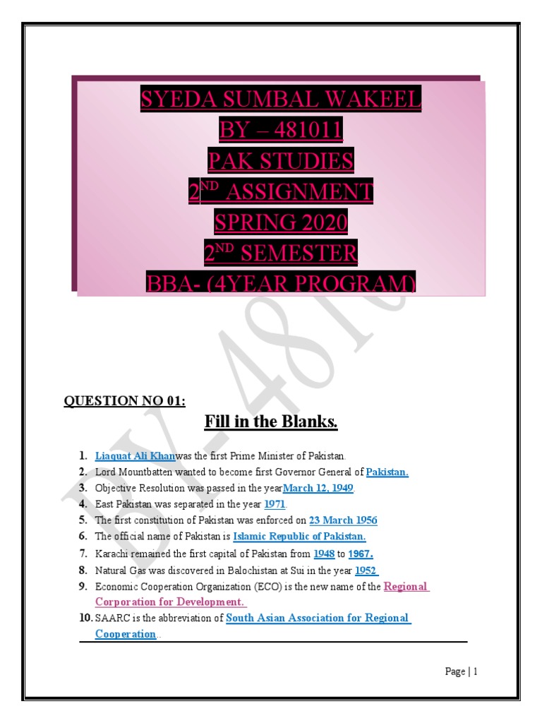 Pak Studies 2nd Assignment | PDF | Pakistan | Government Of Pakistan