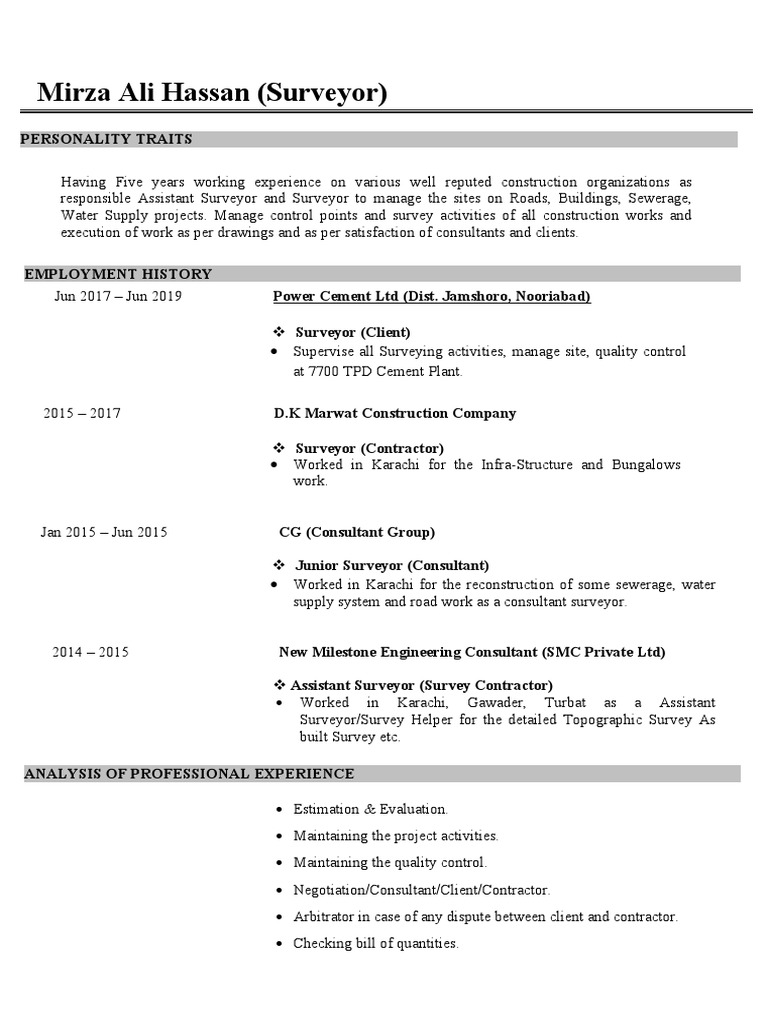 Mirza Ali Hassan (Surveyor) CV | PDF | Karachi | Business