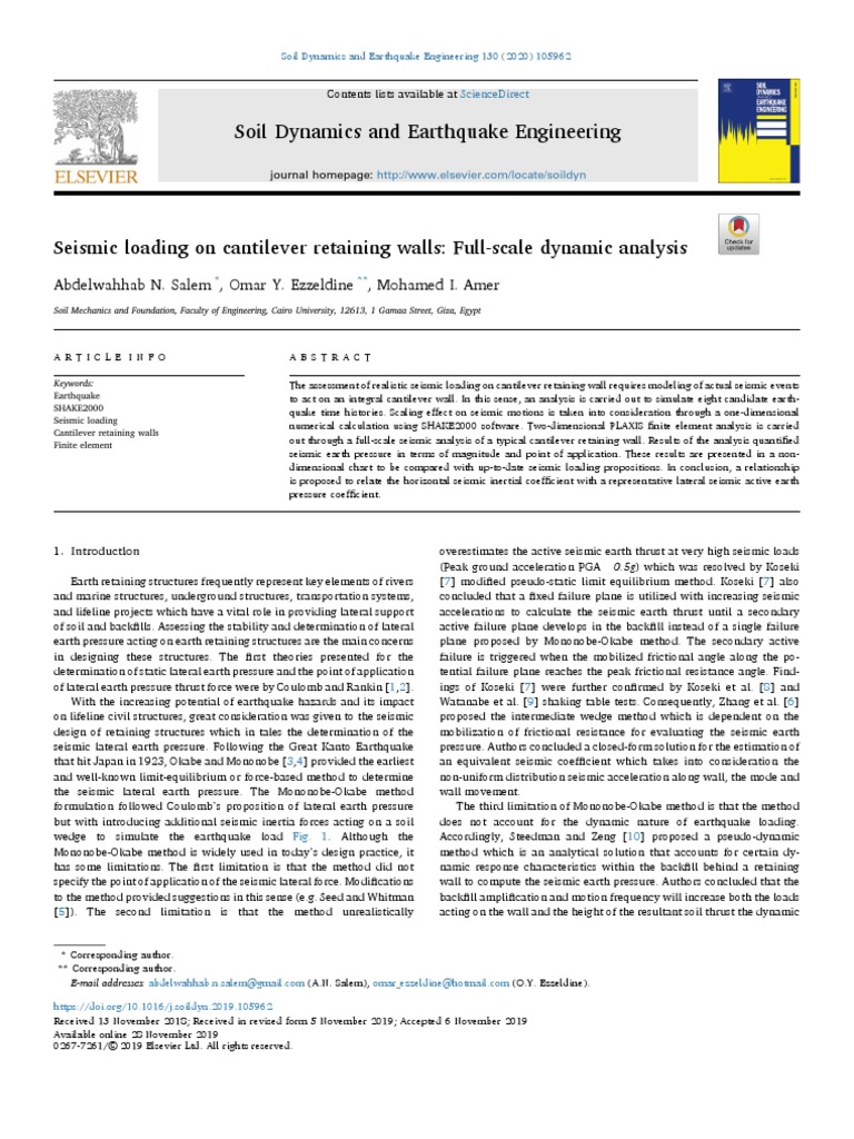 2019 - (Salem Et Al) - Seismic Loading On Cantilever Retaining Walls Full-Scale Dynamic Analysis ...