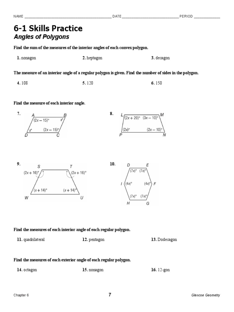 6-1 Skills Practice: Angles of Polygons | PDF