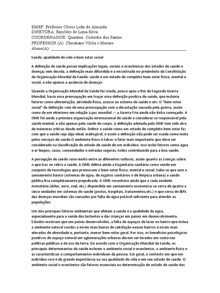 Atividade Sobre Saude e Bem Estar 9º Ano | PDF | Natureza humana | Conceitos psicológicos