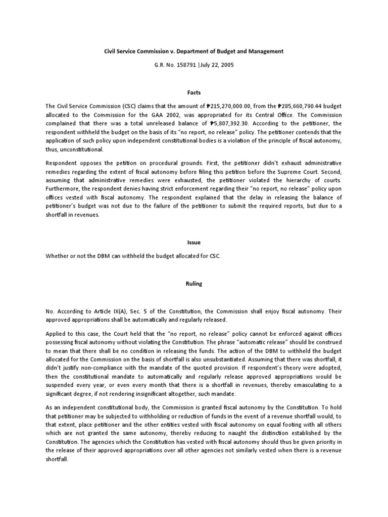 CSC's Fiscal Autonomy Affirmed in DBM Case | PDF | Budget | Constitution