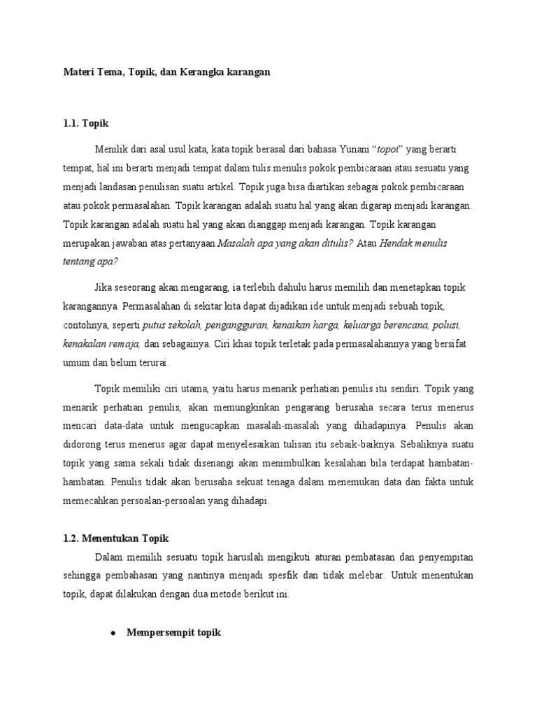Materi Topik, Tema, Dan Kerangka Karangan Draft | PDF