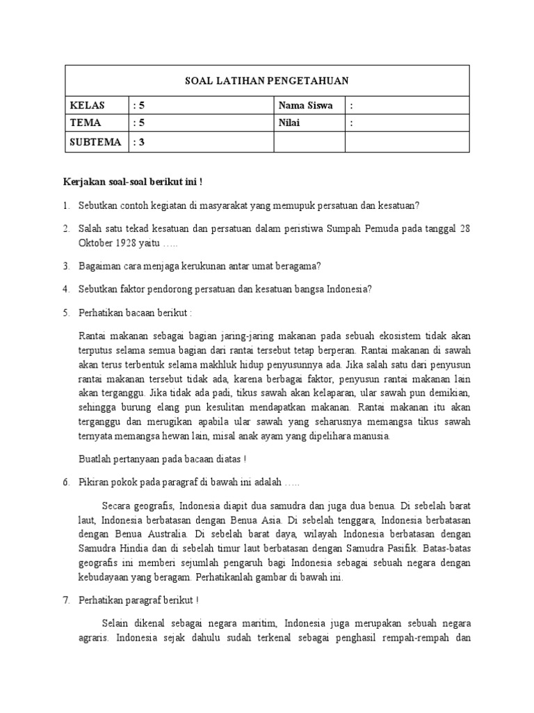 Soal Latihan Pengetahuan Tema 5 Sub 3 Kelas 5 | PDF