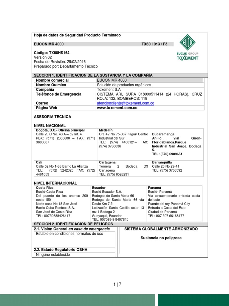 Ficha Técnica de EUCON MR 4000 | PDF | Dióxido de carbono | Residuos