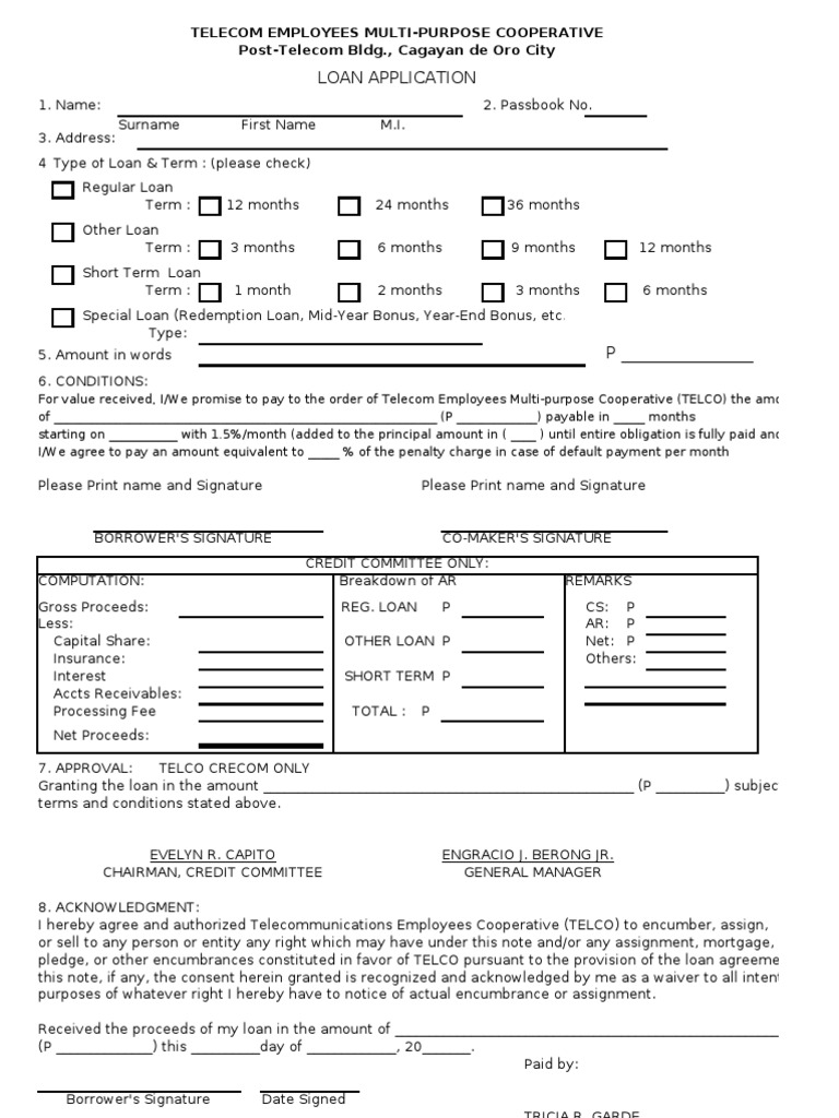 TELCO Loan Application | PDF | Loans | Mortgage Law