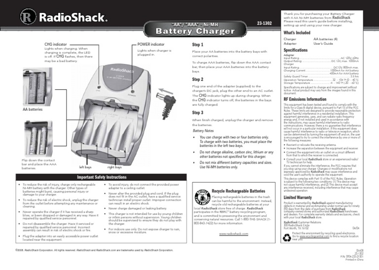 RadioShack 2301302 Datasheet | PDF | Battery Charger | Rechargeable Battery