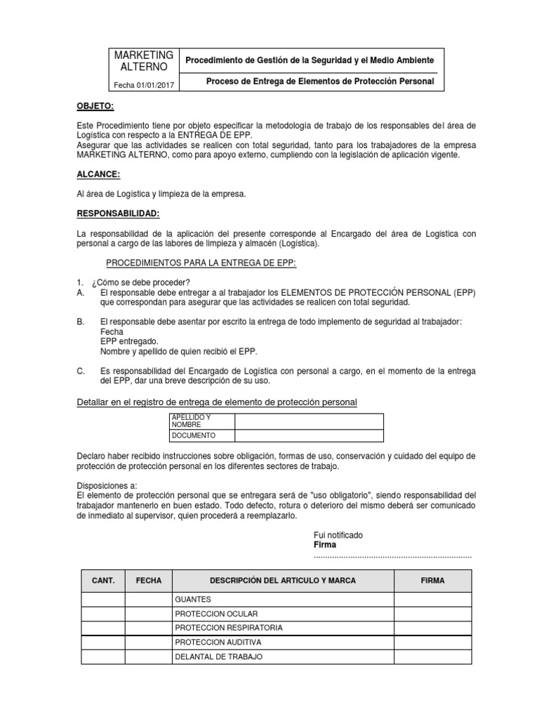 Procedimiento Entrega Epp PDF | PDF | Logística | Business